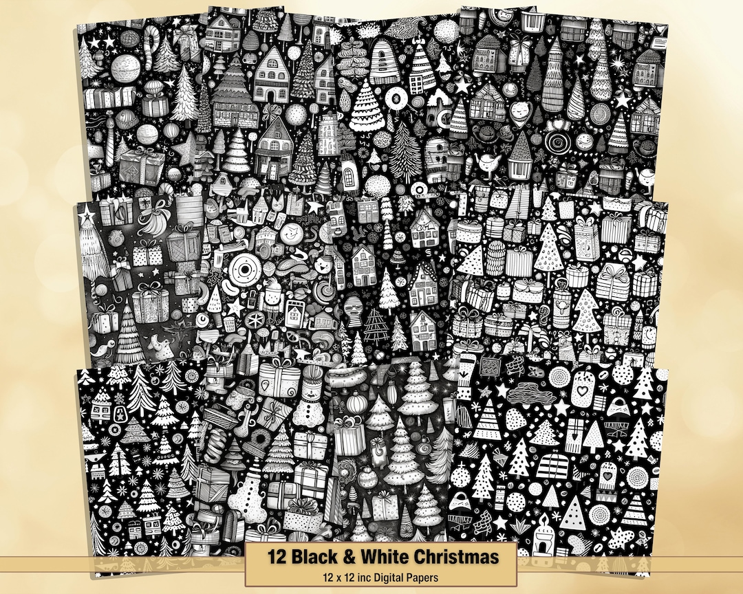 Printable Black & White Christmas Digital Papers, Doodle Pages, Xmas ...