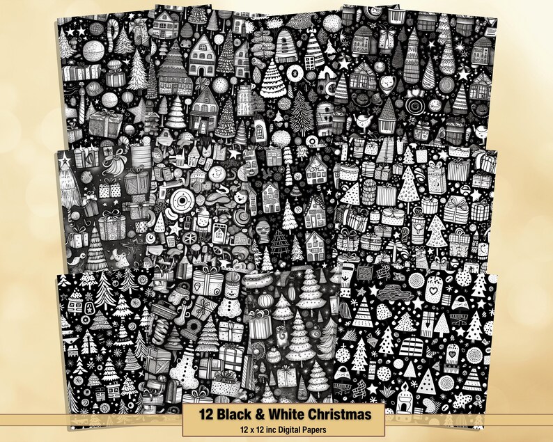 Printable Black & White Christmas Digital Papers, Doodle Pages, Xmas ...