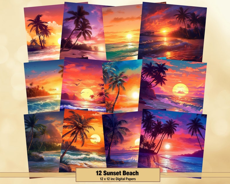 Printable Sunset Beach Digital Papers, Summer Beach Pages, Ocean Palm ...