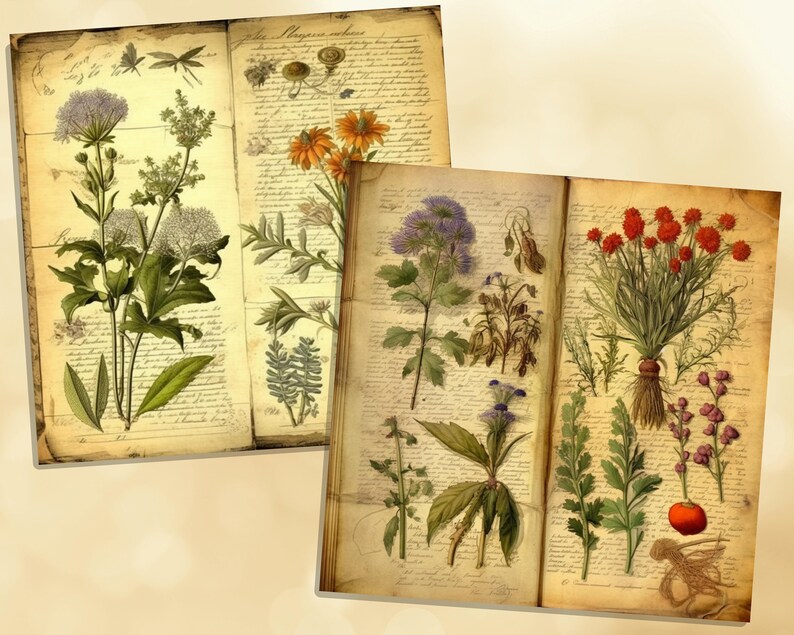 Printable Book of Herbs Digital Paper, Botanical Pages, Plant ...