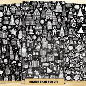 Printable Black & White Christmas Digital Papers, Doodle Pages, Xmas ...