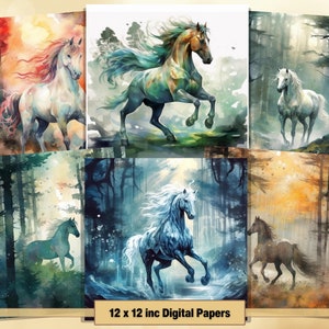 Printable Horse in Forest Digital Papers, Horses Pages, Watercolor ...