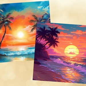 Printable Sunset Beach Digital Papers, Summer Beach Pages, Ocean Palm ...