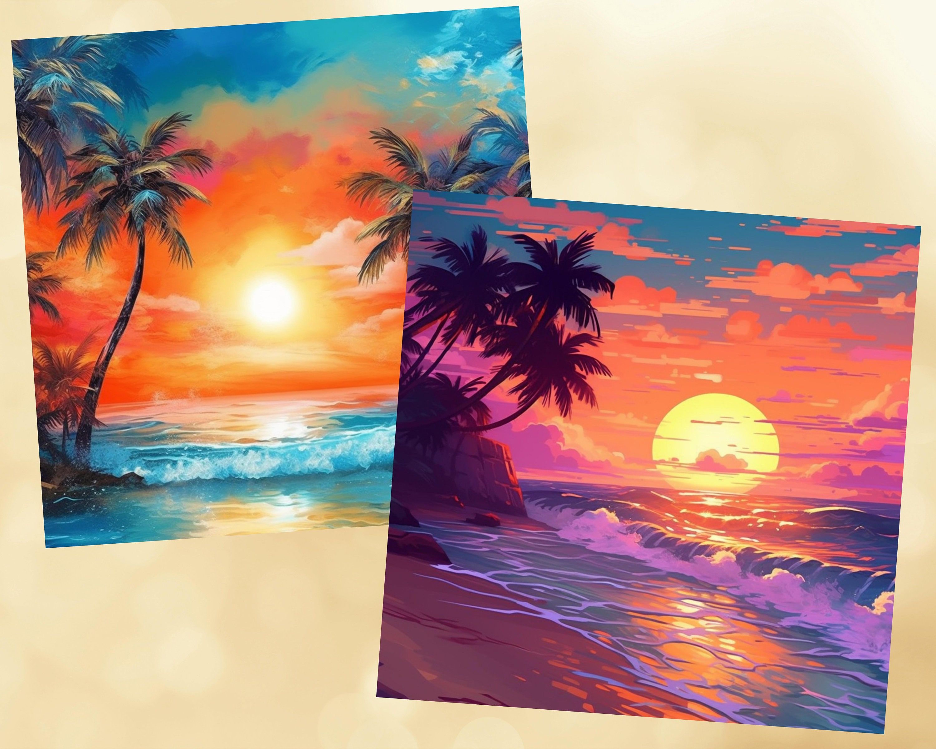 Printable Sunset Beach Digital Papers, Summer Beach Pages, Ocean Palm ...