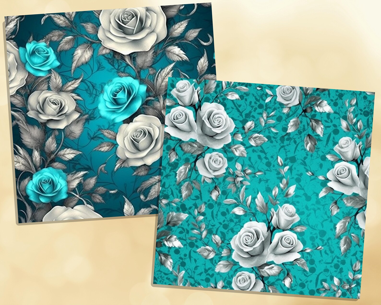 Printable Teal and Silver Floral Digital Papers, Turquoise Rose Page ...