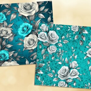Printable Teal and Silver Floral Digital Papers, Turquoise Rose Page ...