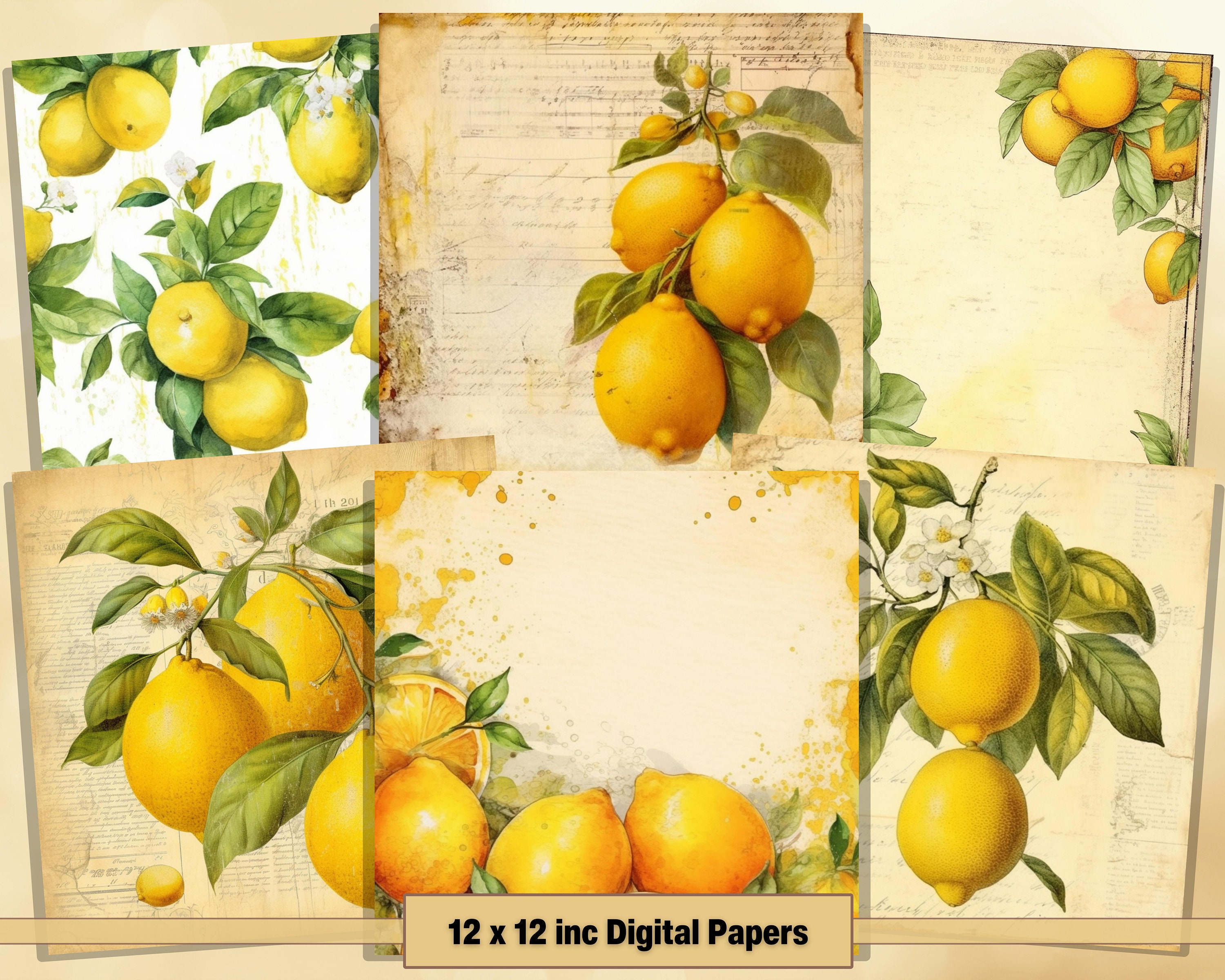 Printable Vintage Lemon Digital Paper, Summer Fruit Pages, Background ...