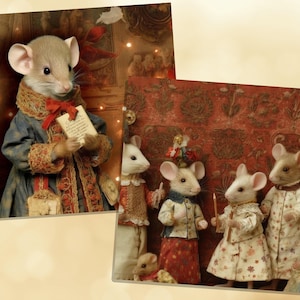Printable Victorian Christmas Mice Digital Papers, Xmas Mouse Pages ...