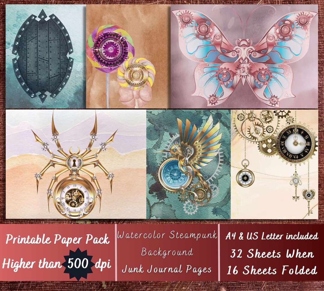 Printable Watercolor Steampunk Digital Paper, Victorian Steam Punk ...