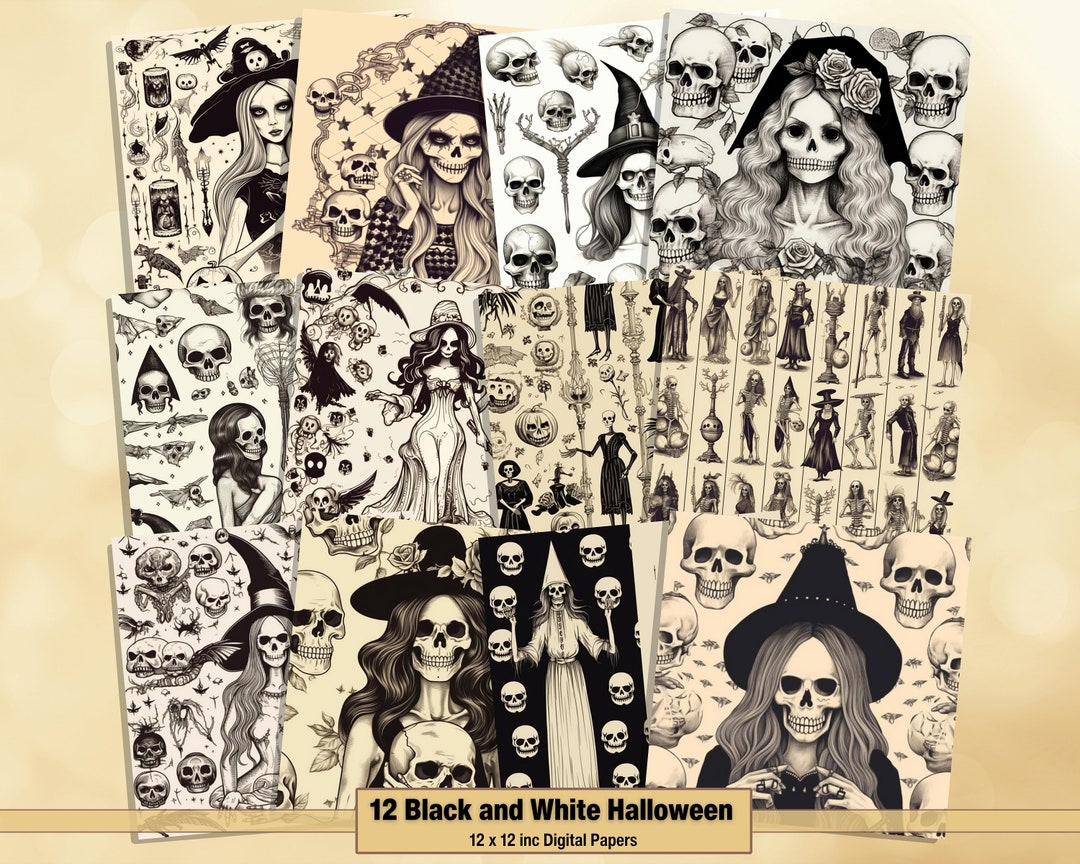 Printable Black & White Halloween Digital Papers, Witch Pages, Gothic ...