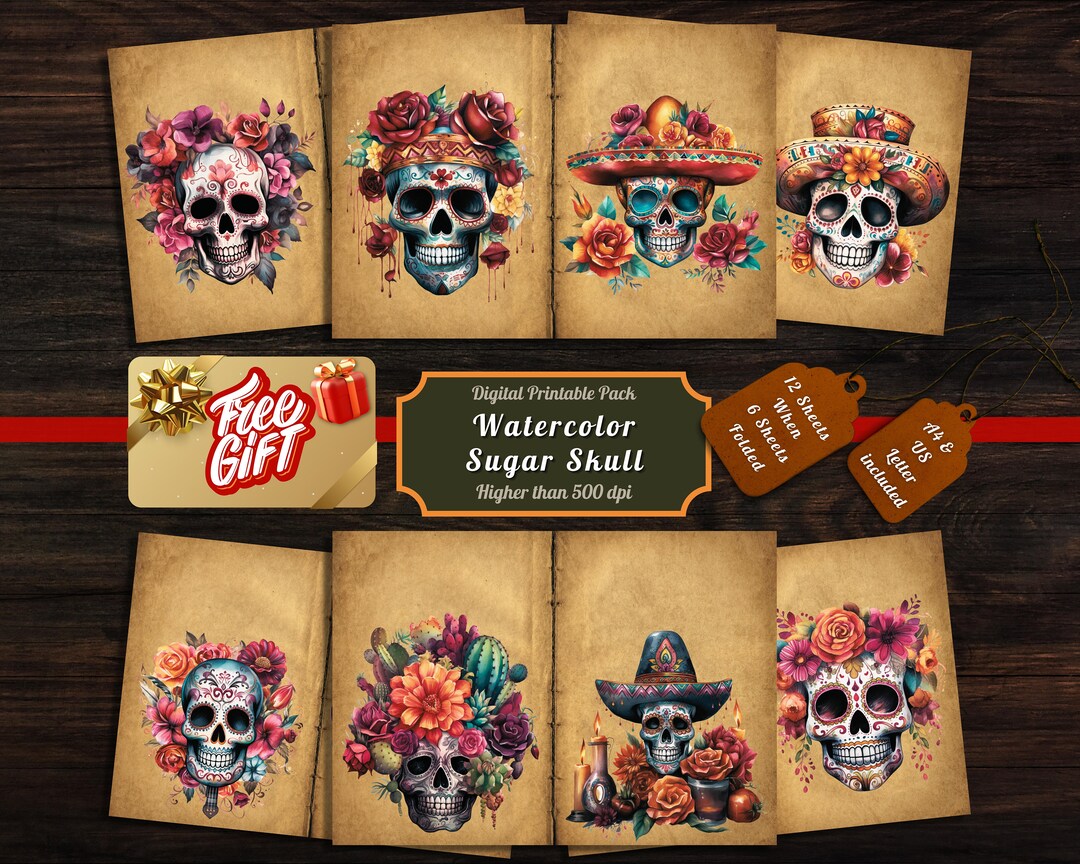 Printable Watercolor Sugar Skull Digital Papers, Dia De Los Muertos ...