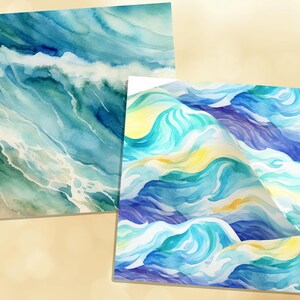 Printable Watercolor Ocean Waves Digital Papers, Blue Abstract Pages ...