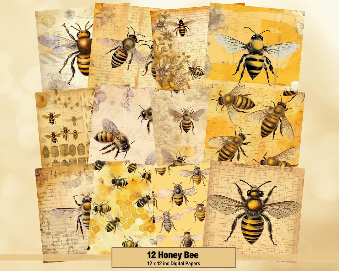 Printable Honey Bee Digital Papers, Queen Bee Pages, Vintage Beehives ...