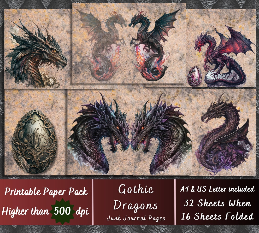 Printable Gothic Dragons Digital Paper, Medieval Ephemera, Dragon Egg ...