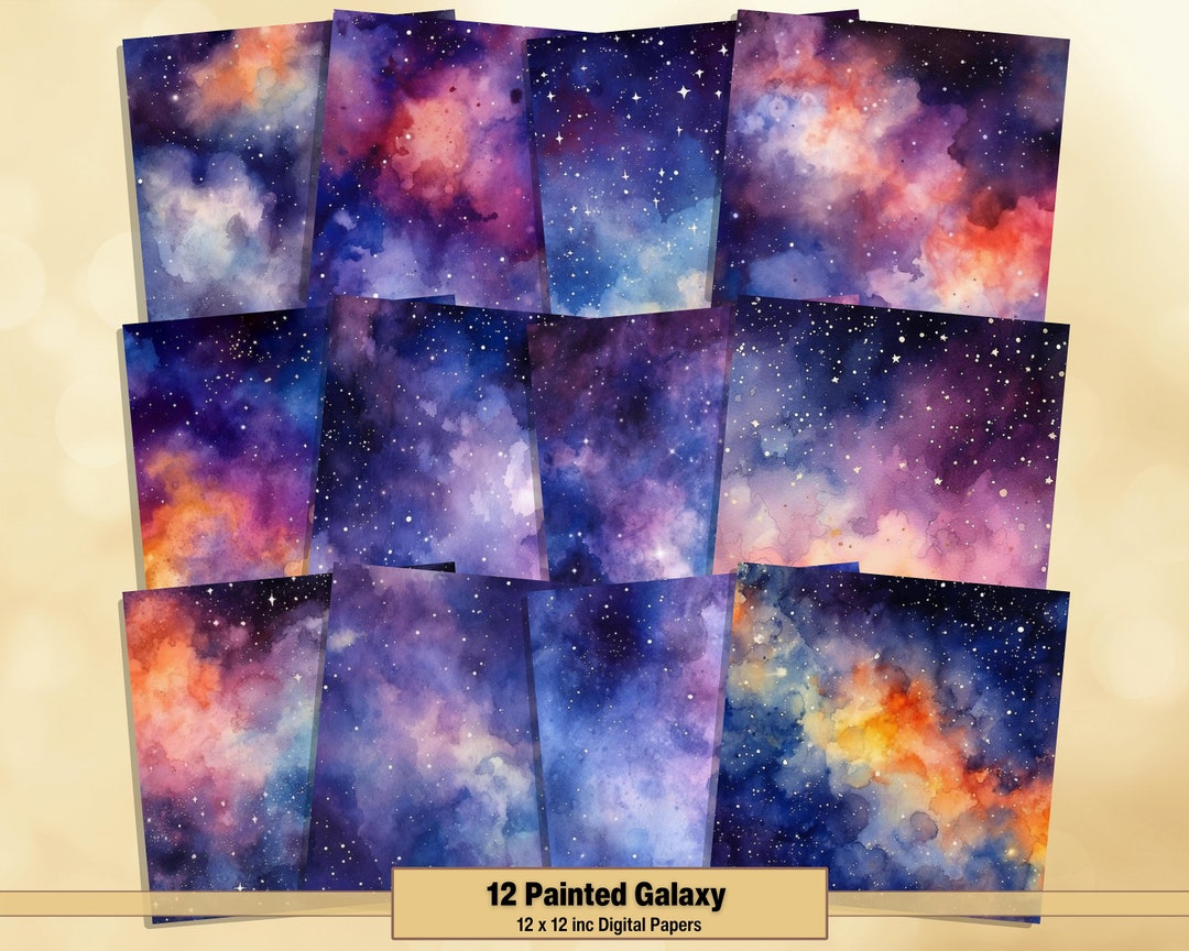 Printable Painted Galaxy Digital Papers, Starry Night Pages, Nebula ...