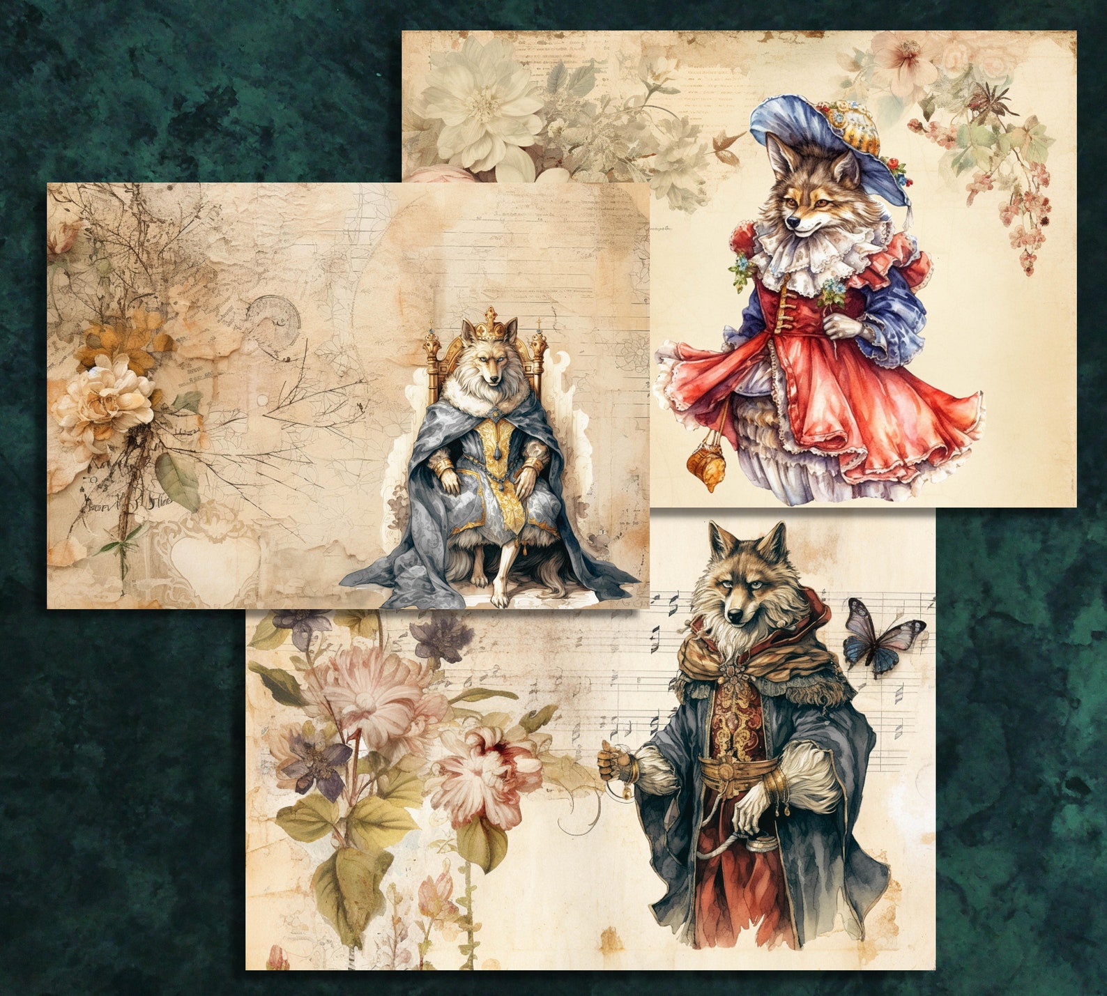 Printable Wolf Watercolour Digital Paper, Dressed Animals Ephemera ...