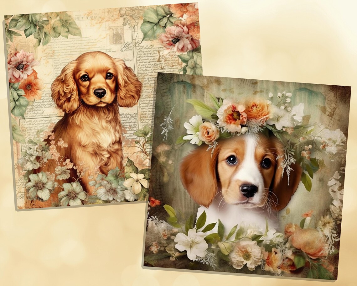 Printable Cute Puppy Digital Papers, Floral Puppy Pages, Cute Dog ...