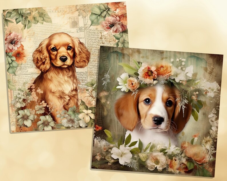 Printable Cute Puppy Digital Papers, Floral Puppy Pages, Cute Dog ...
