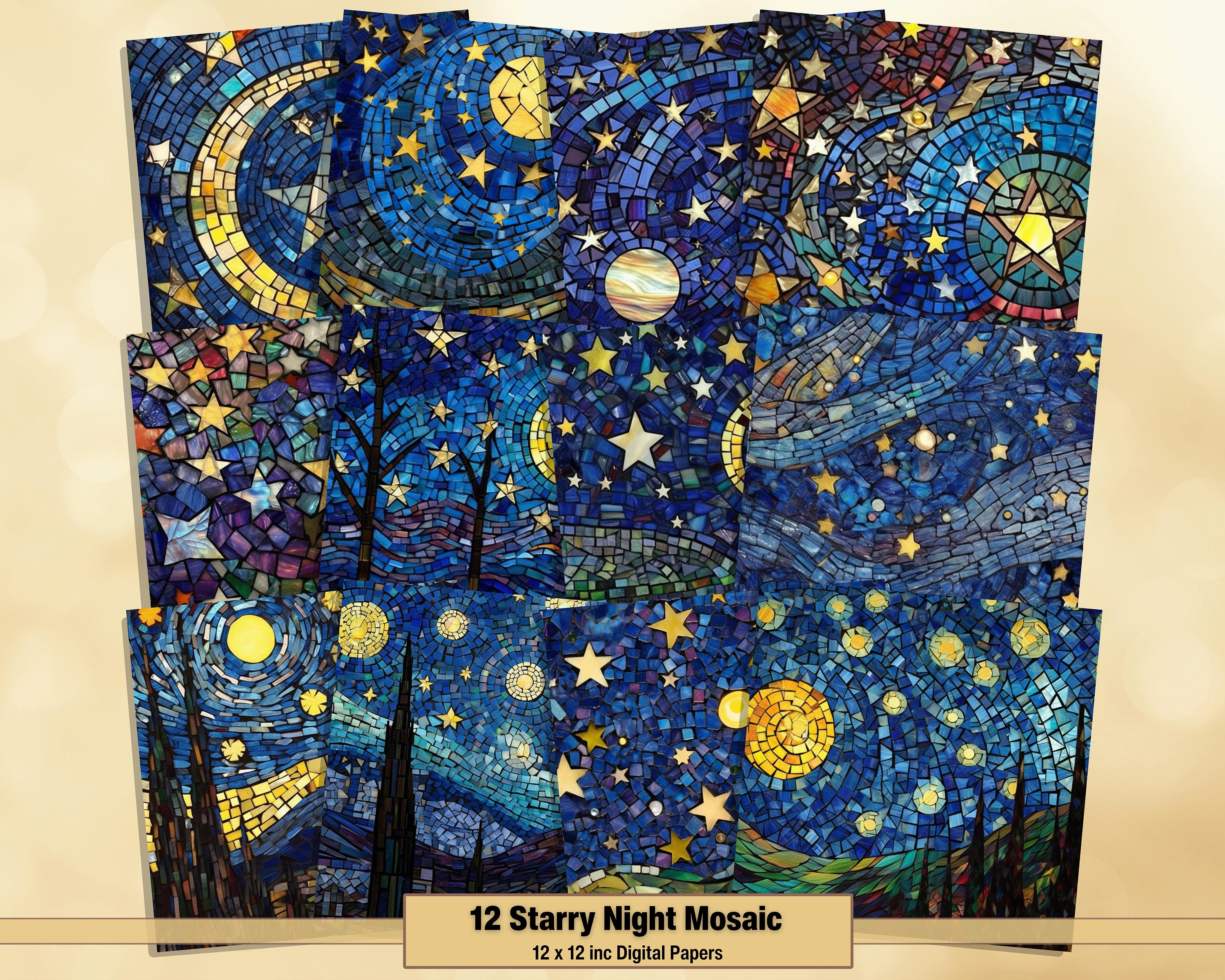 Printable Starry Night Mosaic Digital Papers, Stained Glass Pages ...