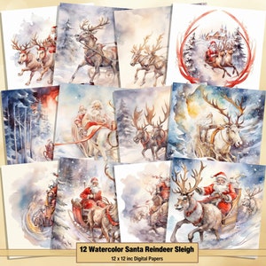 Printable Watercolor Santa Reindeer Sleigh Digital Papers, Noel Page ...
