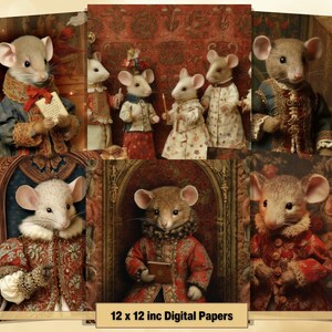 Printable Victorian Christmas Mice Digital Papers, Xmas Mouse Pages ...