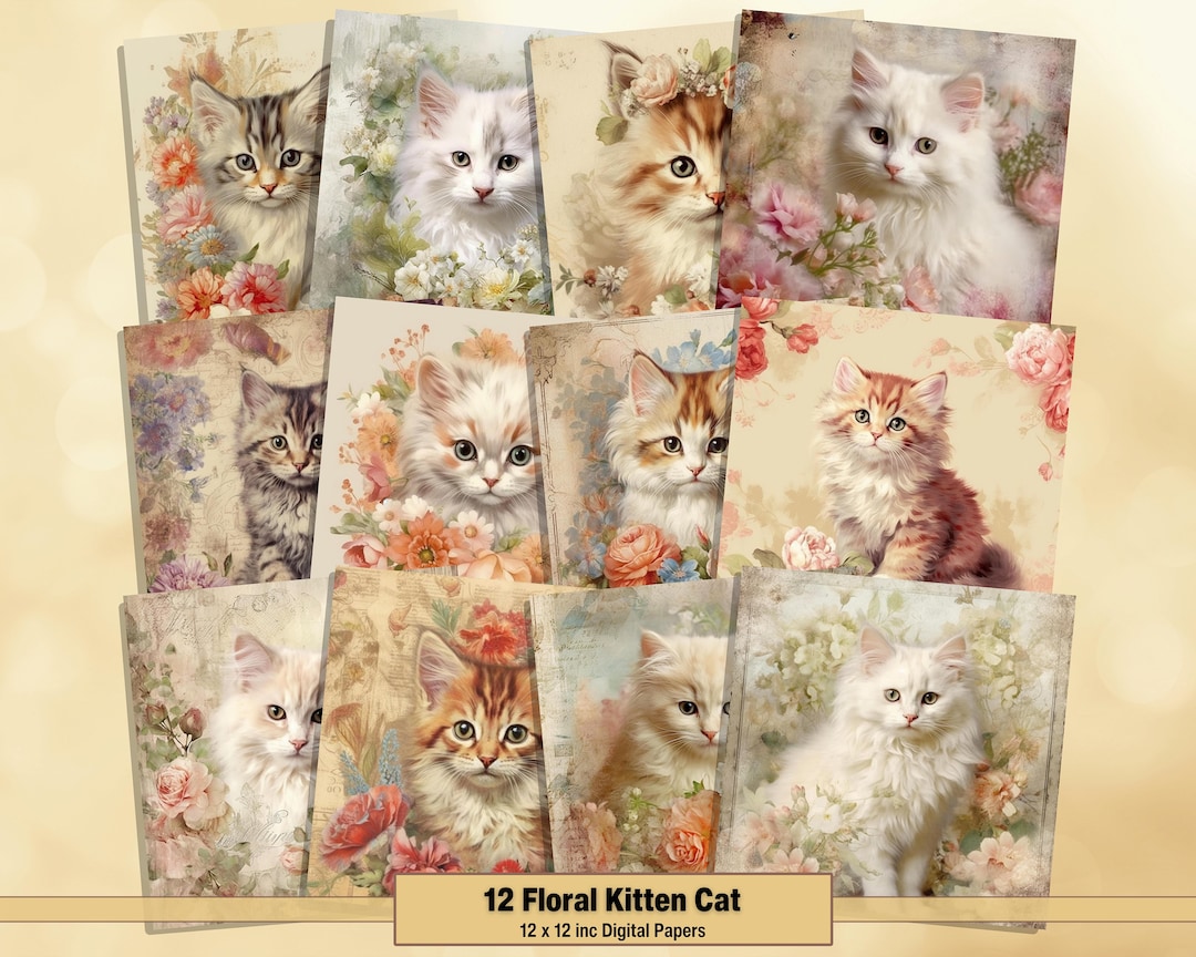 Printable Floral Kitten Digital Papers, Cute Cat Pages, Vintage ...