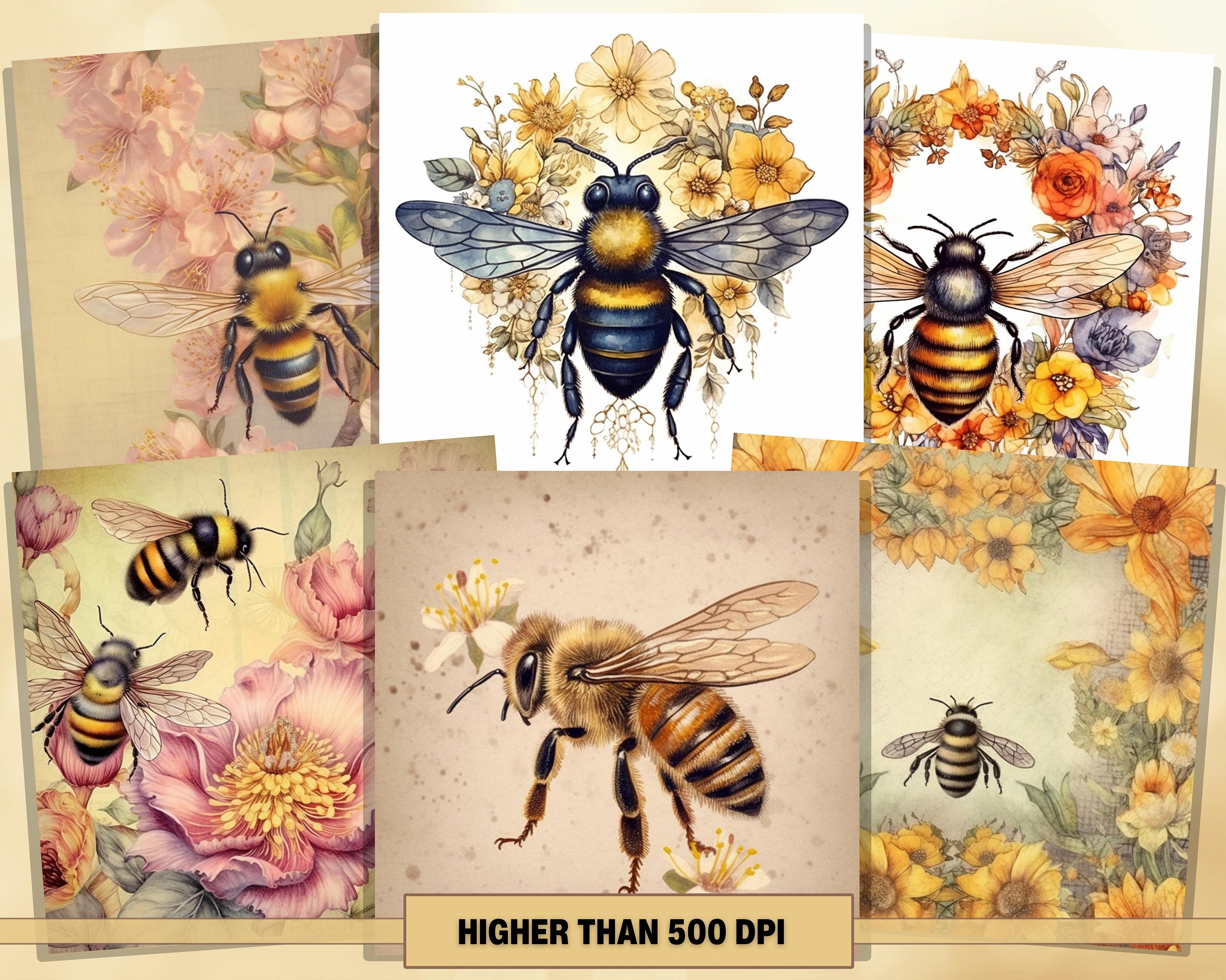 Printable Floral Honey Bee Digital Papers, Watercolour Pages ...