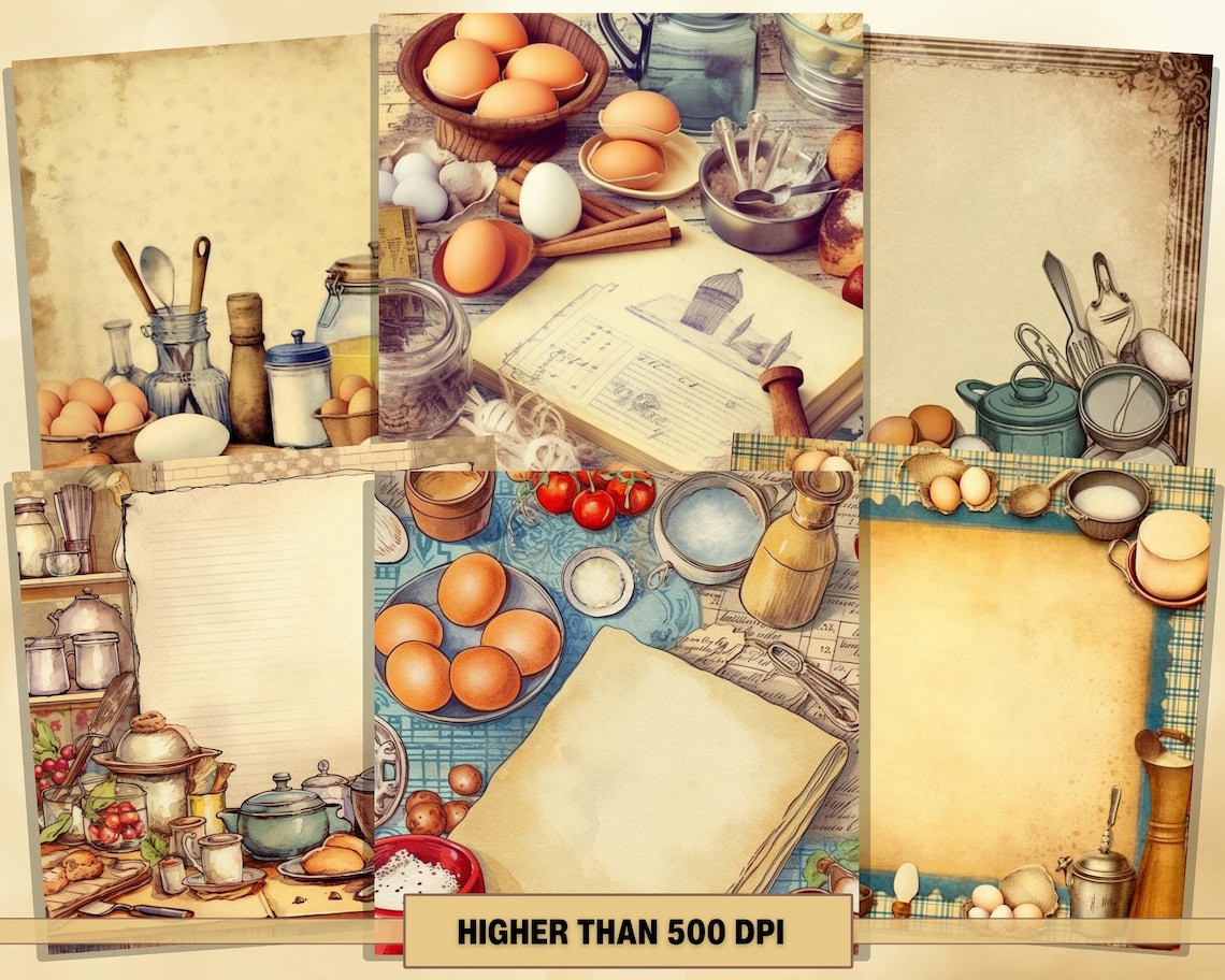 Printable Vintage Cooking Kitchen Digital Paper, Cookbook Pages ...