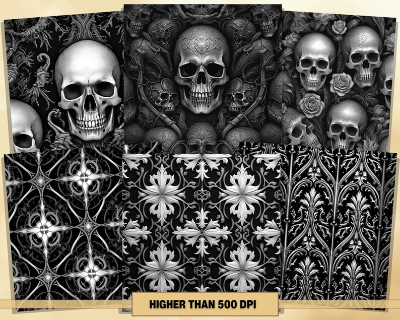 Printable Black & White Gothic Digital Papers, Skull Damask Pages, Background, Ephemera ...