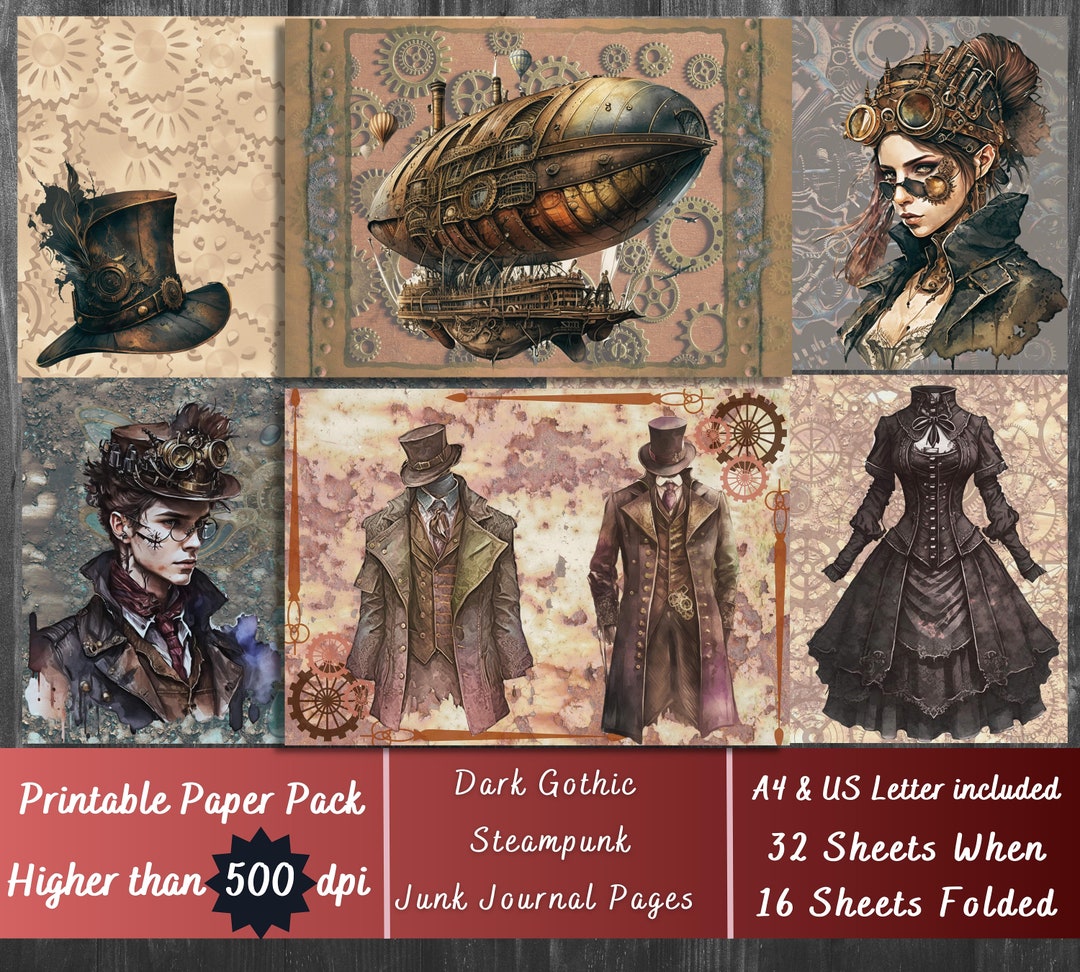 Printable Gothic Steampunk Digital Paper, Goth Distressed Ephemera ...