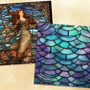 Printable Mermaid Stained Glass Digital Papers, Mermaid Scales Pages ...