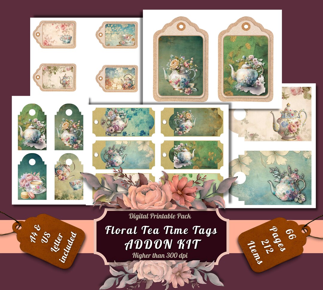 Printable Tea Time Junk Journal Pages and Tags Kit, Vintage Teapot ...