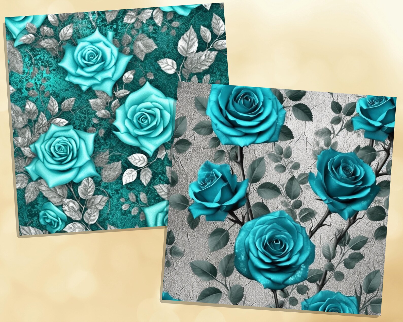 Printable Teal and Silver Floral Digital Papers, Turquoise Rose Page ...