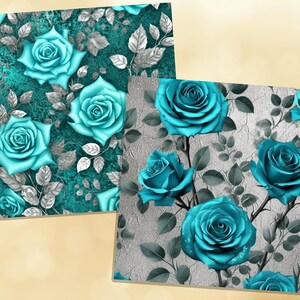Printable Teal and Silver Floral Digital Papers, Turquoise Rose Page ...