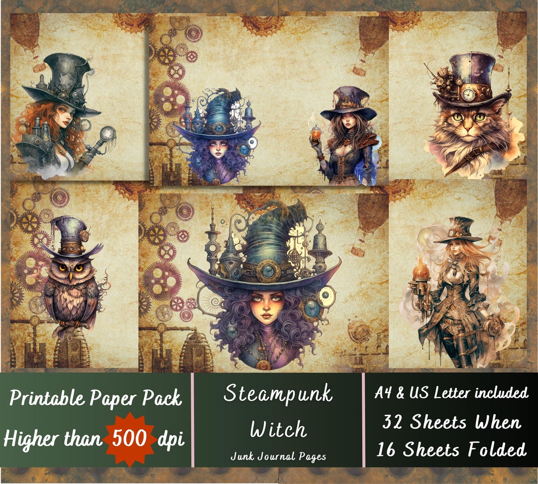 Printable Steampunk Witch Digital Paper, Witchy Ephemera, Witchcraft ...