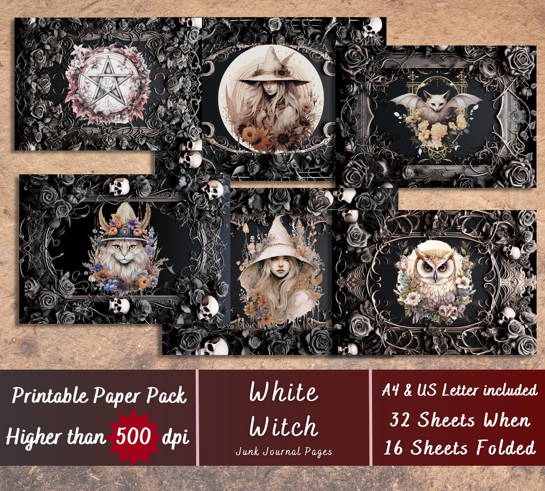 Printable White Witch Digital Paper, Gothic Skulls Ephemera, Black ...