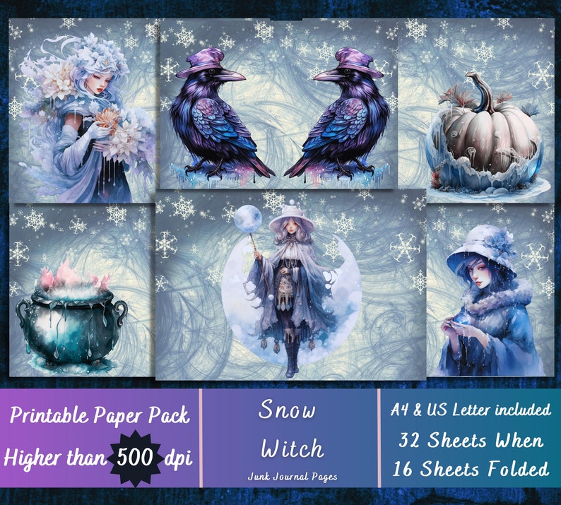 Printable Snow Witch Ice Digital Paper, Frozen Witchy Ephemera, Icy ...