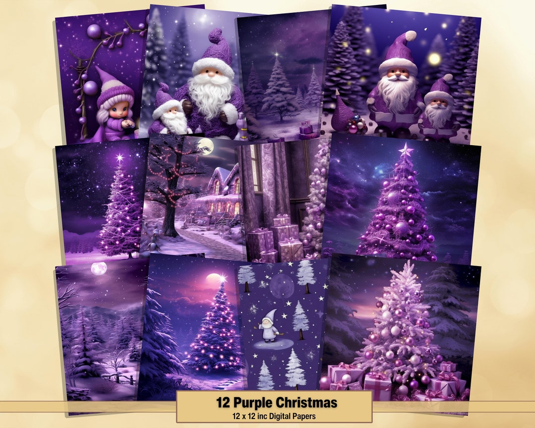 Printable Purple Christmas Digital Papers, Gnomes Pages, Xmas Trees ...