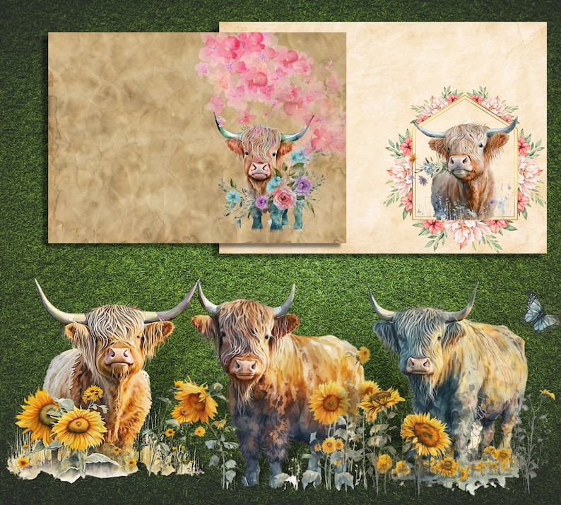 Printable Floral Highland Cow Digital Paper, Vintage Ephemera ...