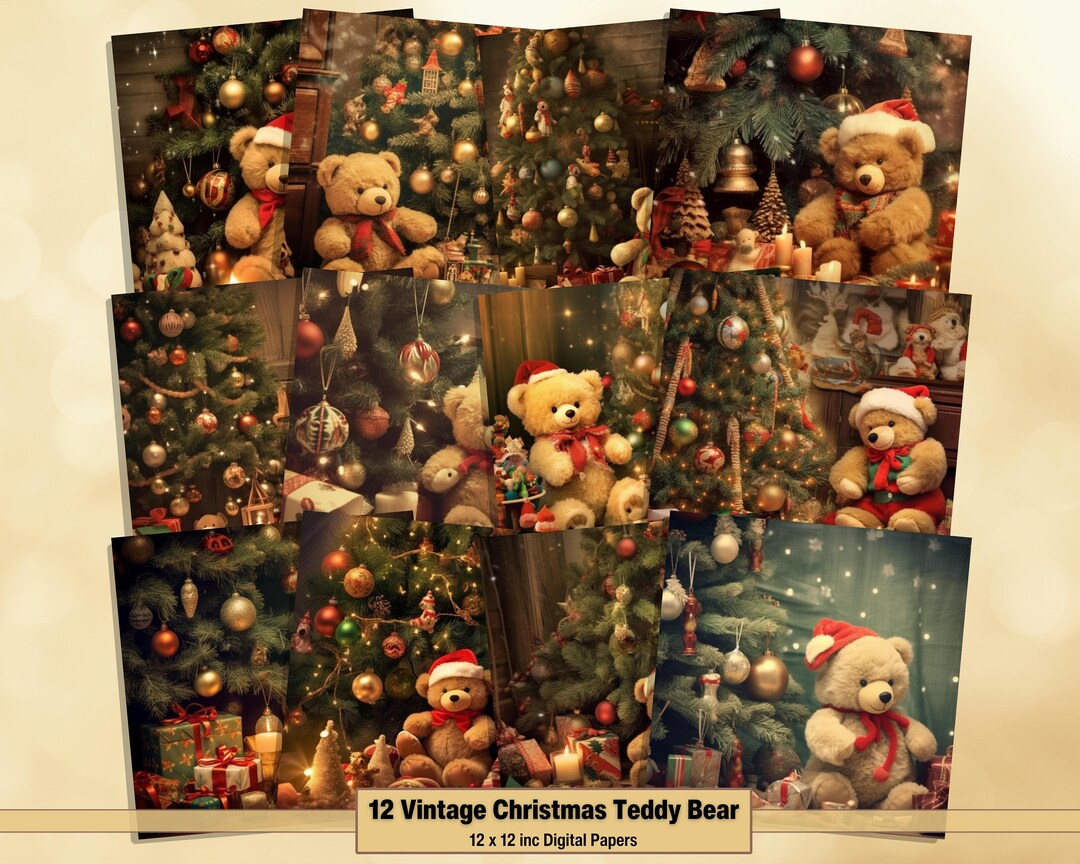 Printable Vintage Christmas Teddy Bear Digital Papers, Xmas Pages ...