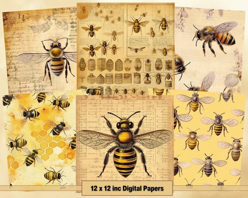 Printable Honey Bee Digital Papers, Queen Bee Pages, Vintage Beehives ...