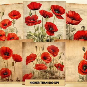 Printable Red Poppies Digital Paper, Red Poppy Pages, Vintage ...