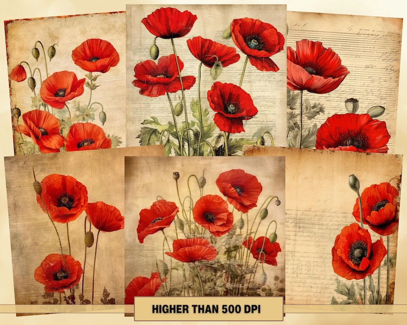 Printable Red Poppies Digital Paper, Red Poppy Pages, Vintage ...