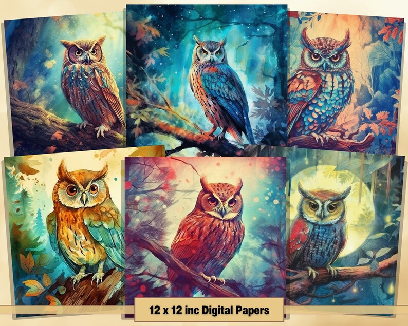 Printable Vintage Owl Digital Papers, Forest Owl Pages, Woodland ...