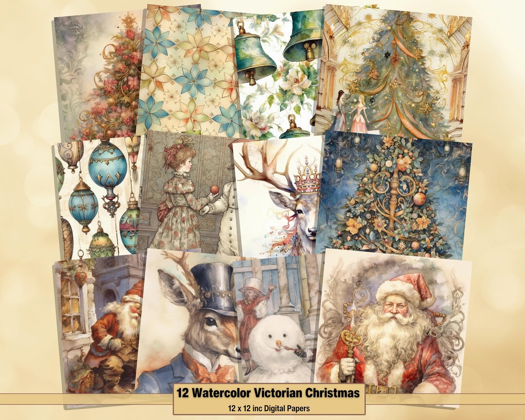 Printable Watercolor Victorian Christmas Digital Papers, Xmas Pages ...