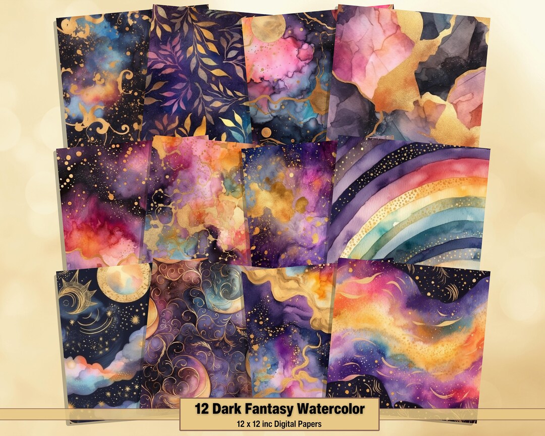 Printable Dark Fantasy Watercolor Digital Papers, Celestial Pages ...