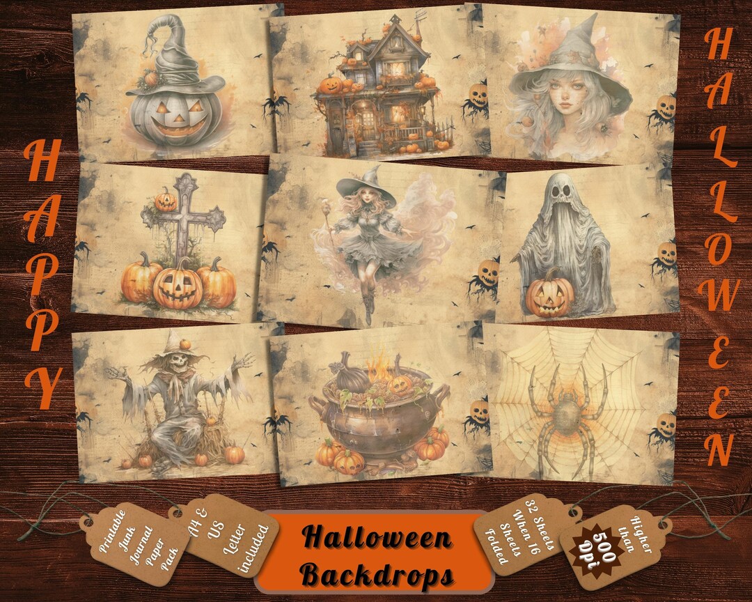 Printable Halloween Backdrop Digital Paper, Halloween Pumpkin Ephemera ...