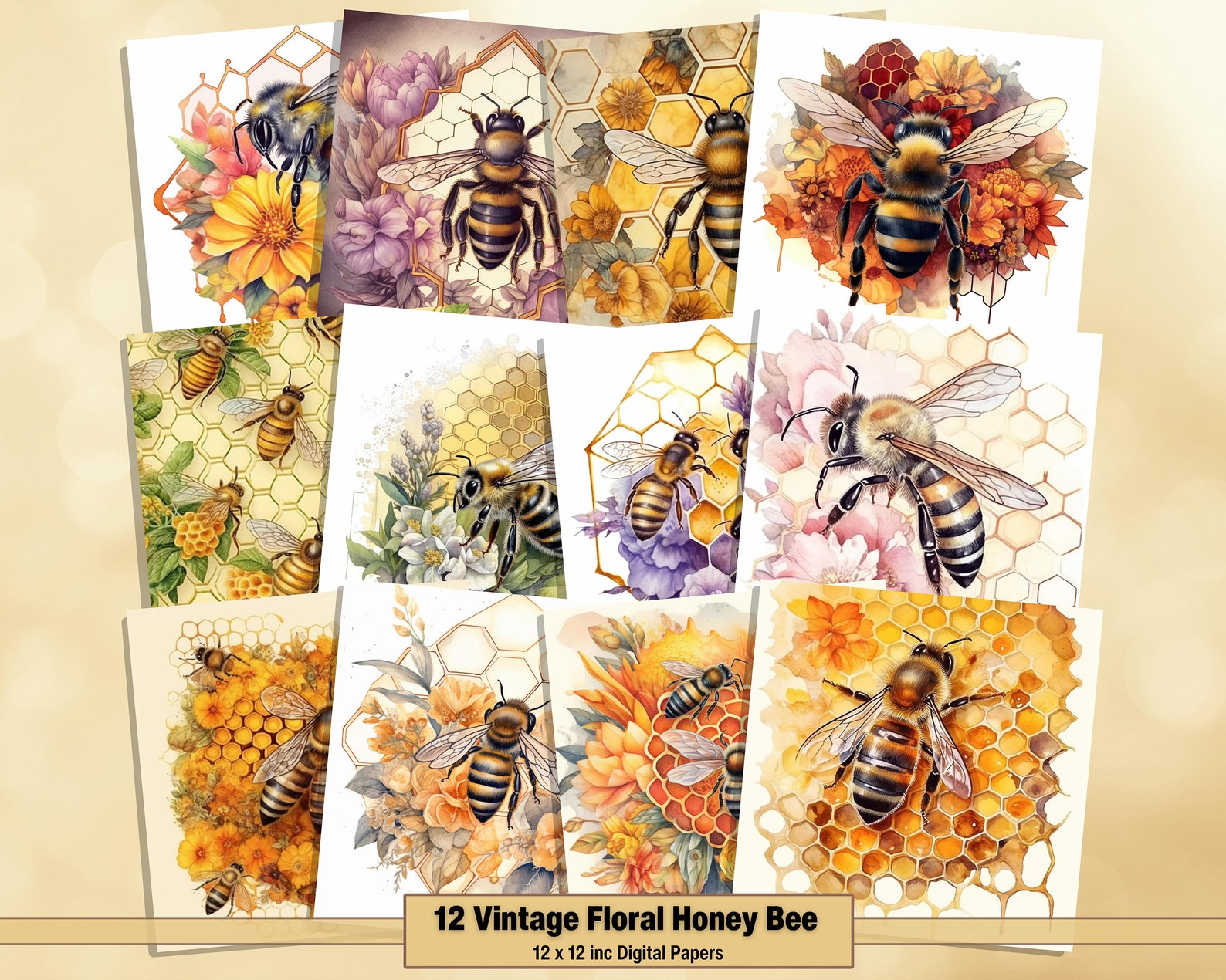 Printable Floral Honey Bee Digital Papers, Beehive Pages, Bee ...