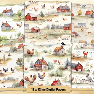 Printable Farm Animals Digital Paper, Countryside Pages, Vintage ...