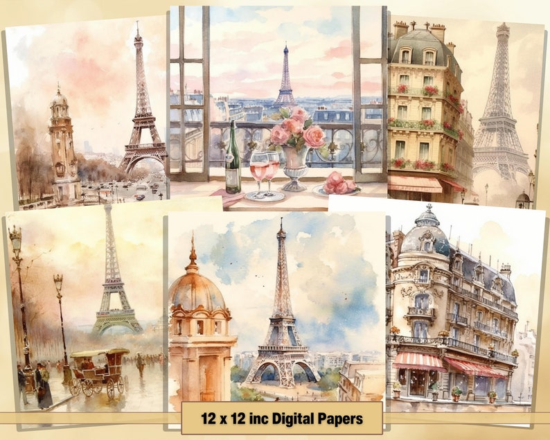 Printable Watercolor Paris Digital Papers, Vintage Pages, Background ...